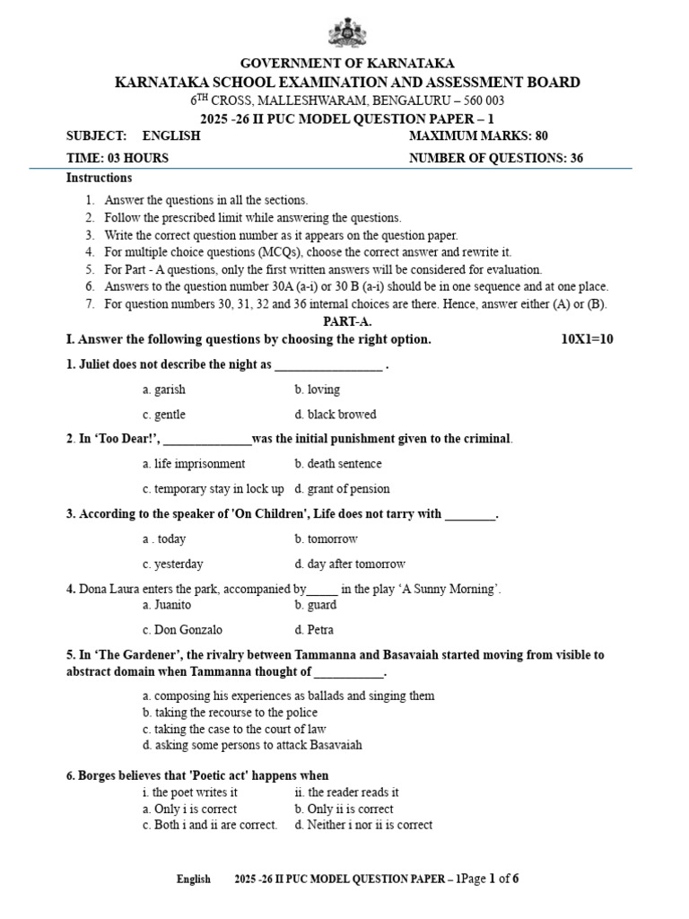 II PU English-1st Model Question Paper 2026 | PDF | Literacy | Female ...