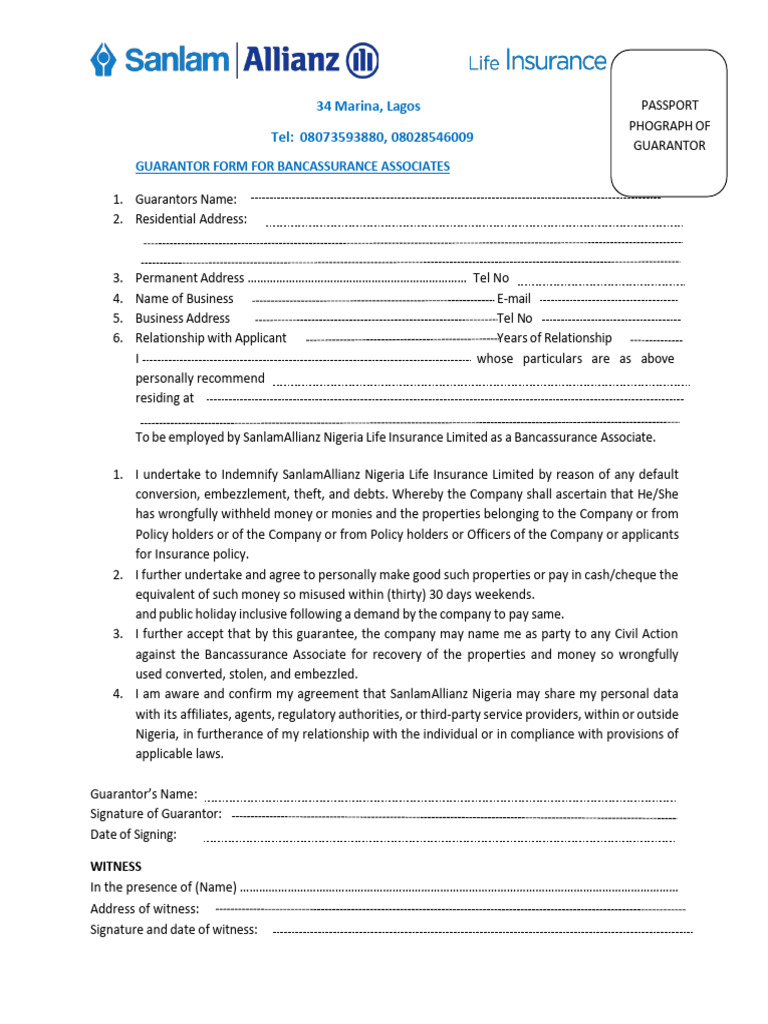 Guarantor Form For Bancassurance Associate - SanlamAllianz | PDF