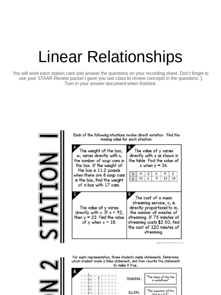 Applying Linear Relationships Stations Activity | PDF