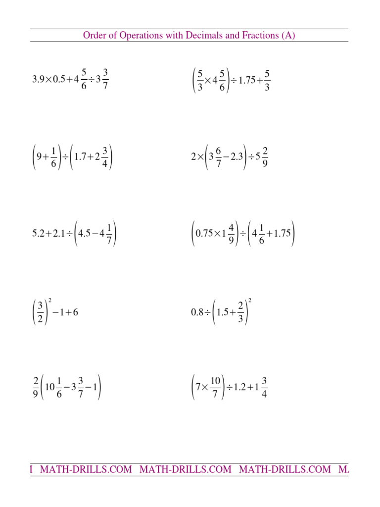 Order of Operations: Decimals & Fractions | PDF