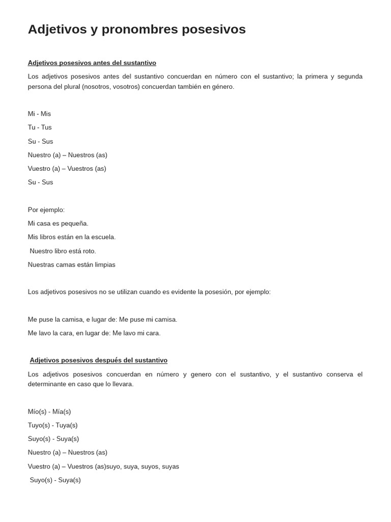 Adjetivos y pronombres posesivos en español | PDF