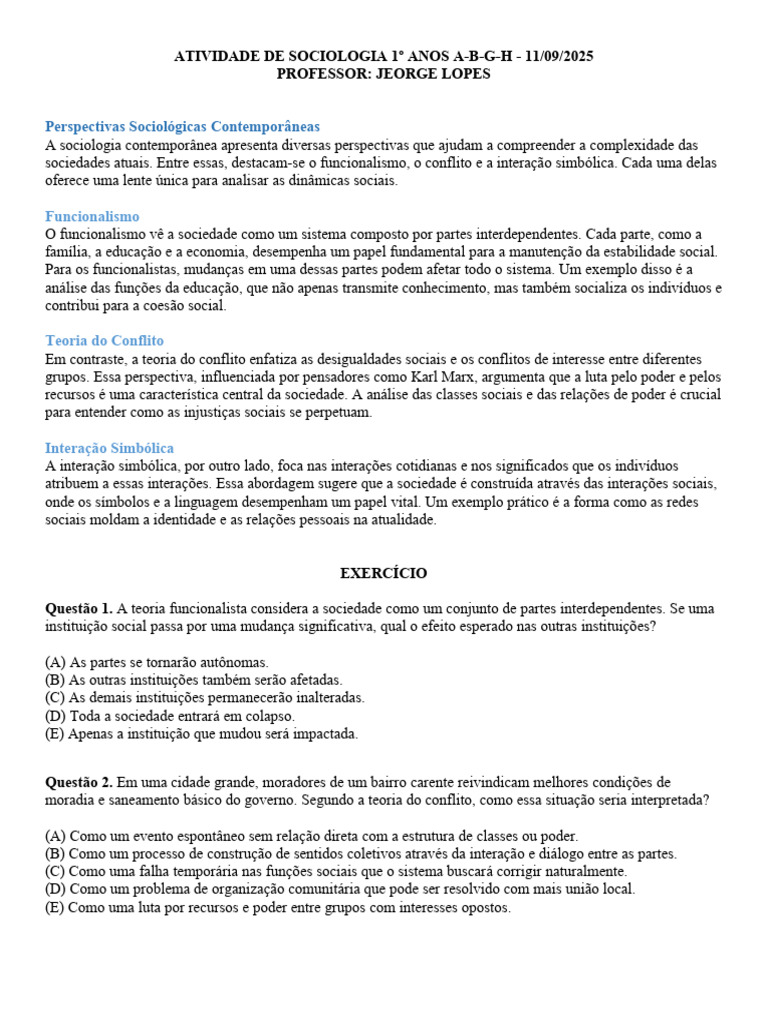 Atividade de Sociologia 1º Anos a-b-g-h | PDF | Sociologia | Sociedade
