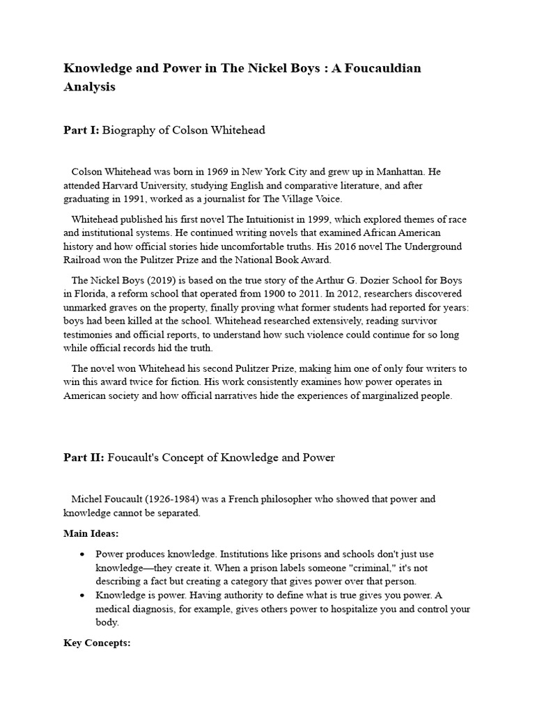 Foucault's Power in The Nickel Boys Analysis | PDF | Knowledge | Michel ...
