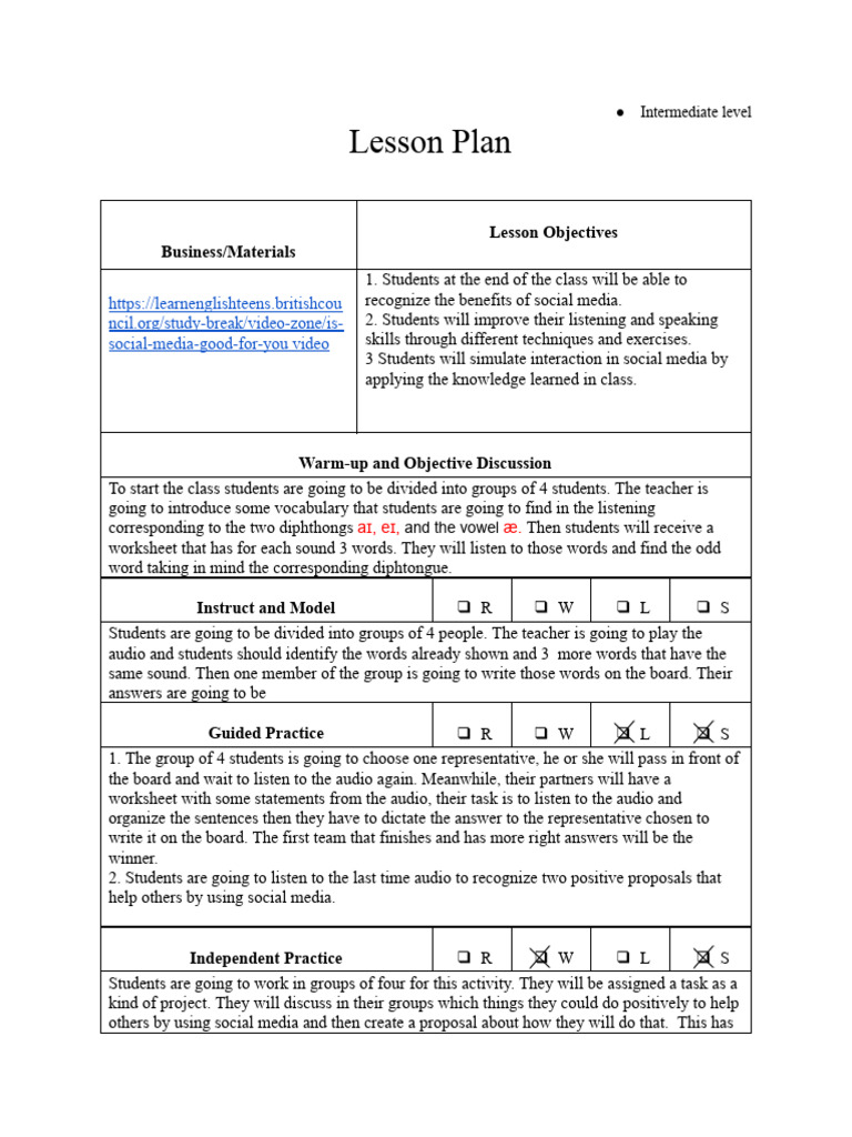 Lesson Plan Pronunciation, Speaking and Listening | PDF | Lesson Plan ...