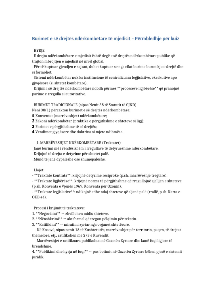 Burimet e Se Drejtes Nderkombetare Te Mjedisit Permbledhje Per Kuiz | PDF