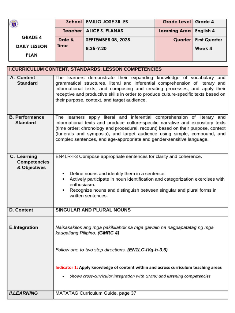 Planas - Grade 4 - Classroom Observation Lesson Plan - q1 | PDF ...