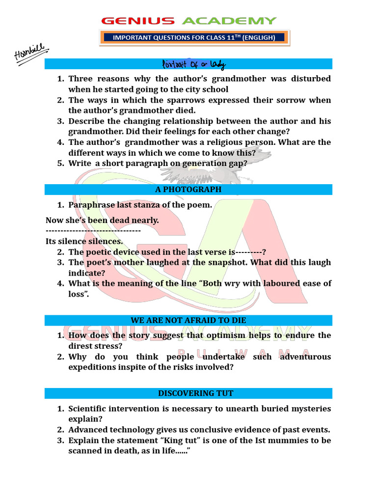 11th Class English Imp Qs by | PDF | Poetry