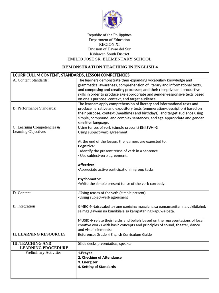 English Matatag Lp-Final | PDF | Verb | Subject (Grammar)