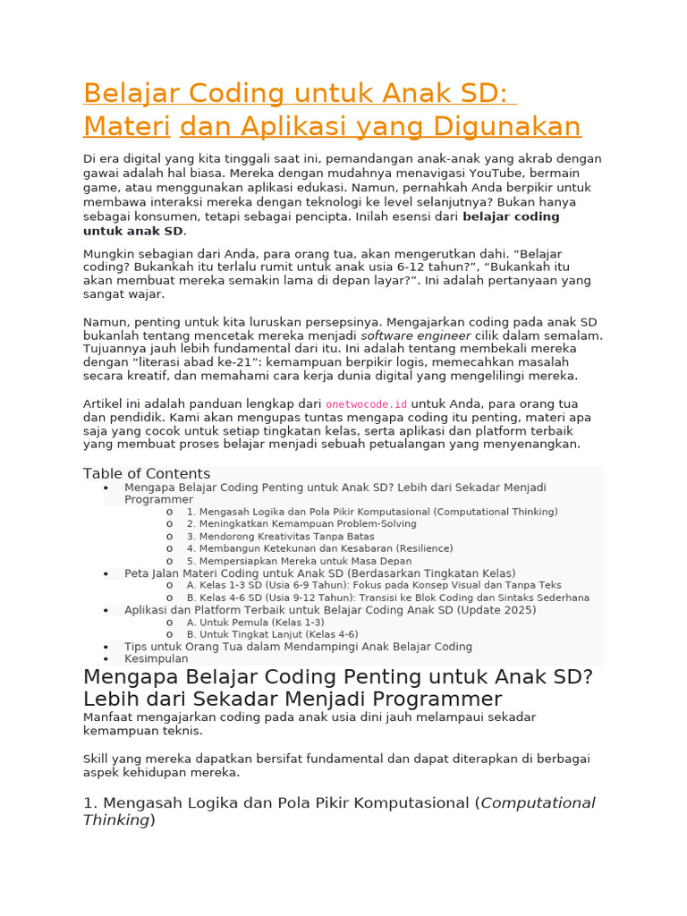 Belajar Coding Untuk Anak SD | PDF