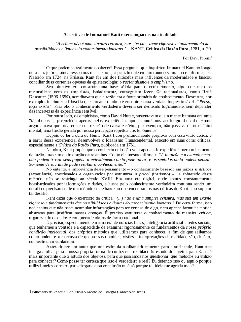 As Críticas de Immanuel Kant e Seus Impactos Na Atualidade - Por Davi ...