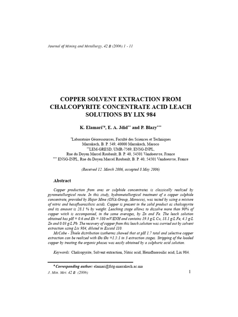Copper Solvent Extraction From Chalcopyrite Concentrate Acid 7mi33ox07g ...