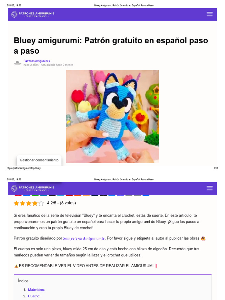 Patrón Amigurumi Bluey Gratis en Español | PDF | Amigurumi | Tejer