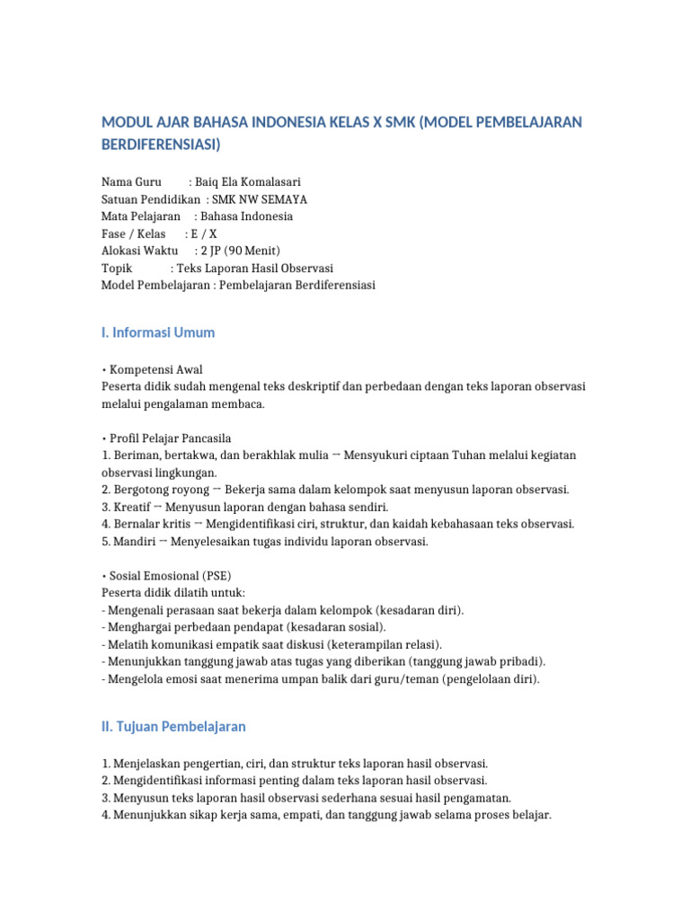 Modul Ajar Bahasa Indonesia Kelas X Teks LHO Berdiferensiasi | PDF