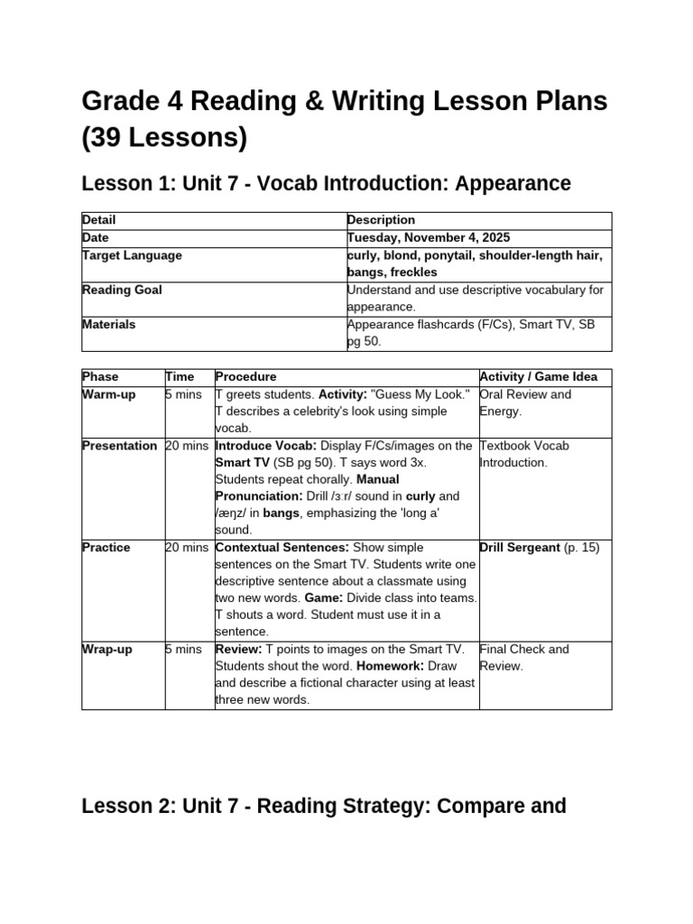 Grade 4 Reading & Writing Lesson Plans | PDF | Vocabulary | Verb