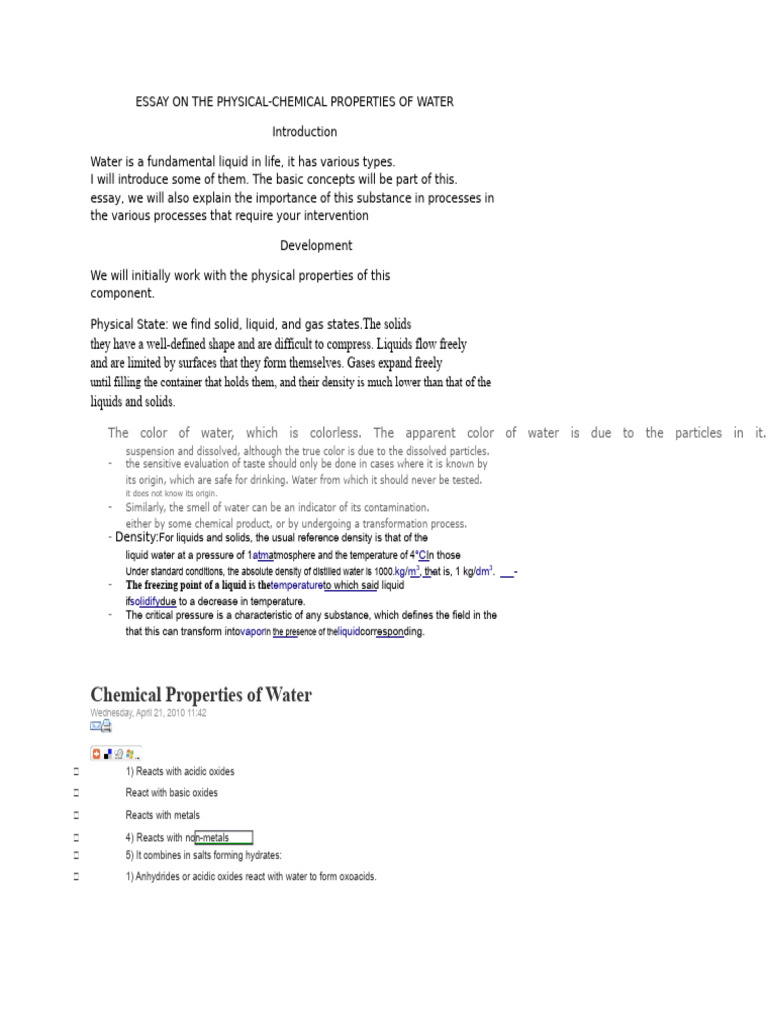 Essay On The Physical-Chemical Properties of Water | PDF | Chemical ...
