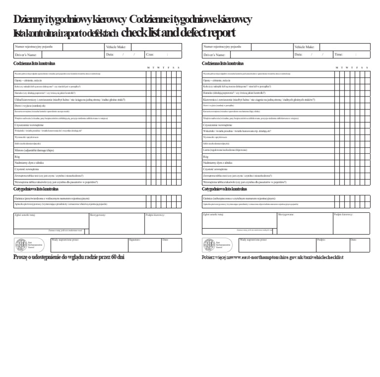 Codzienny Formularz Kontroli Pojazdu | PDF