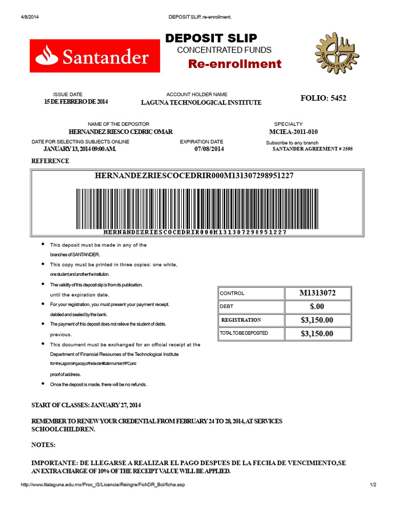 Deposit Slip for Re-enrollment 2014 | PDF | Payments | Receipt