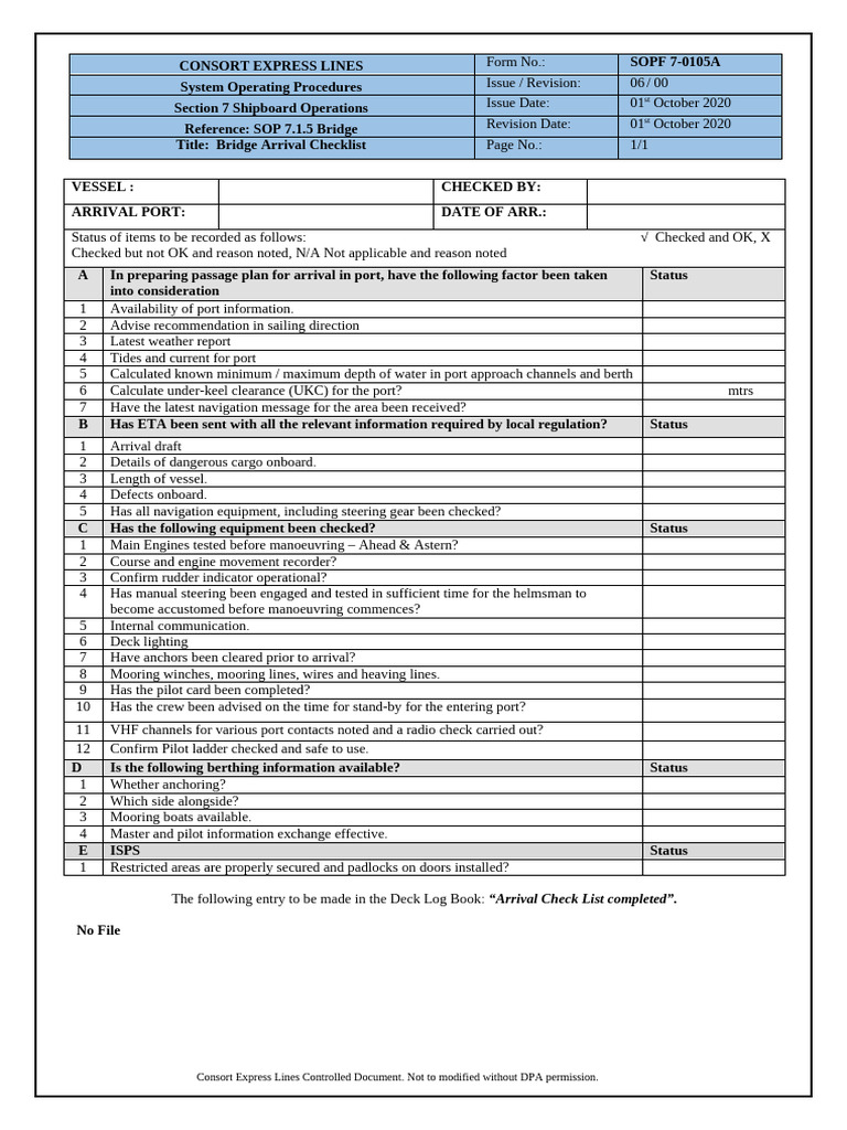 SOPF 7-0105A Bridge Arrival Checklist | PDF | Anchor | Shipping