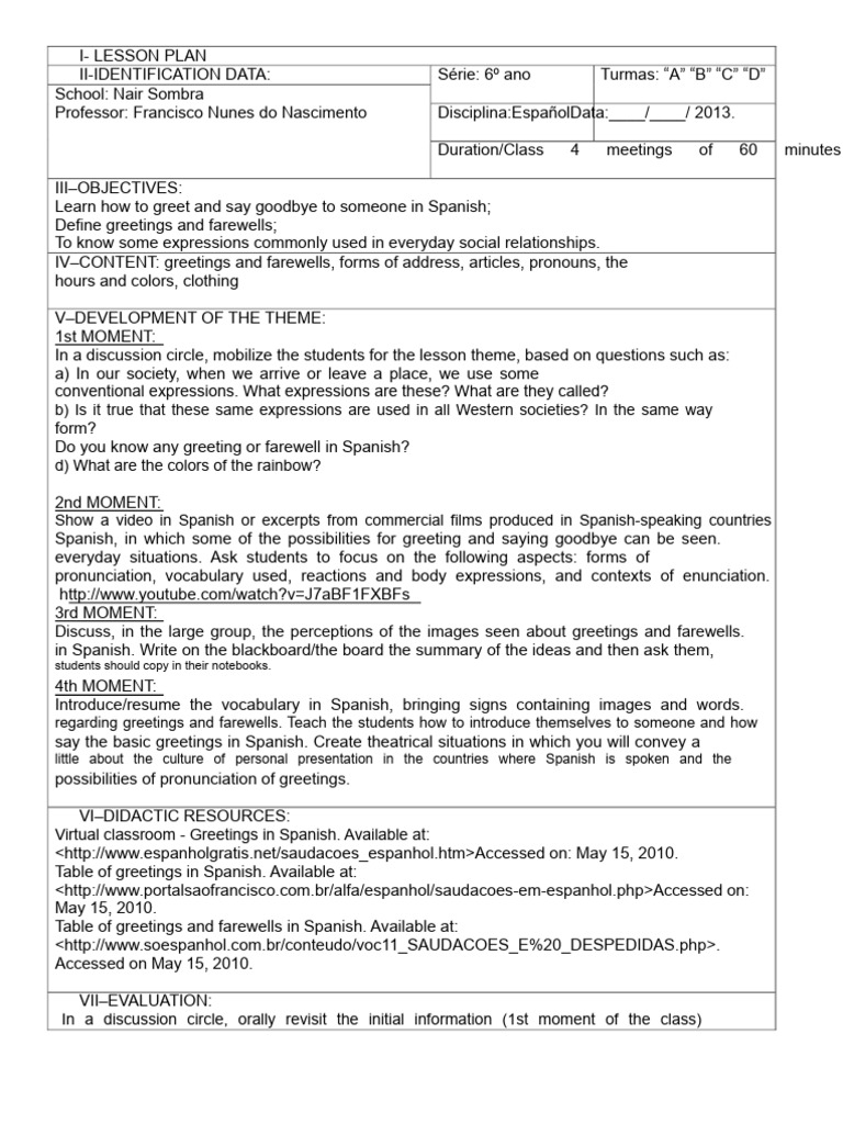 Lesson Plan 6TH Grade Spanish | PDF