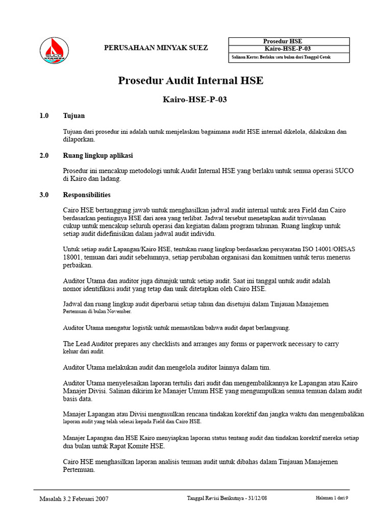 HSE-P-03 Prosedur Audit Internal Edisi 3.2 | PDF