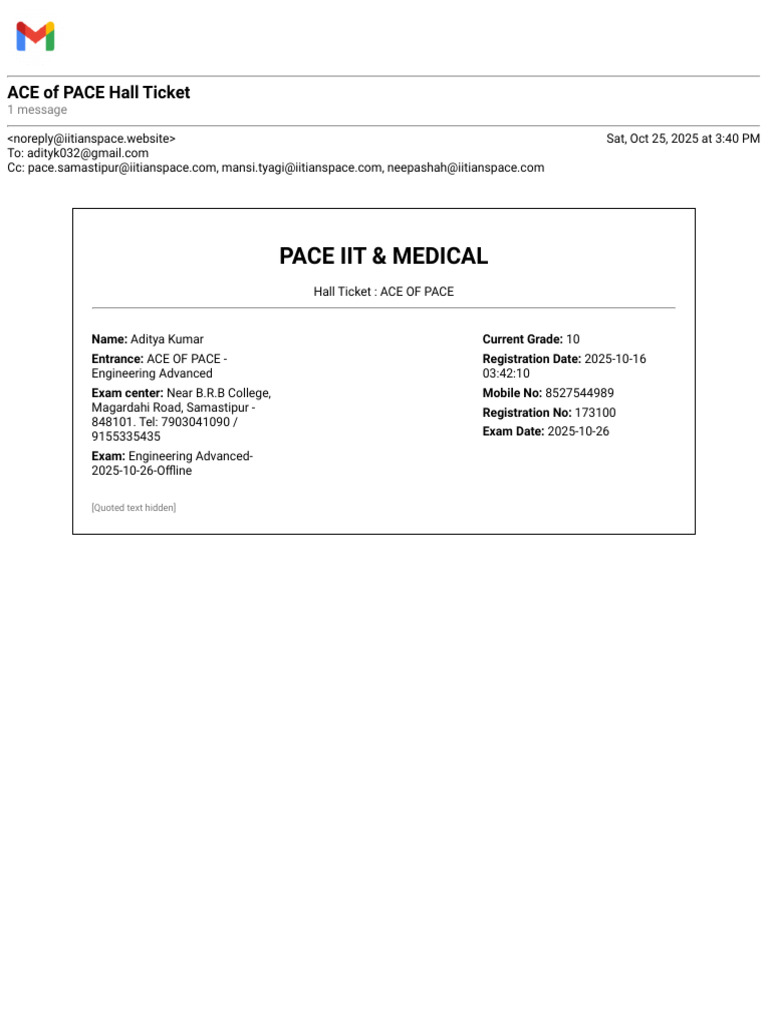 Gmail - ACE of PACE Hall Ticket | PDF