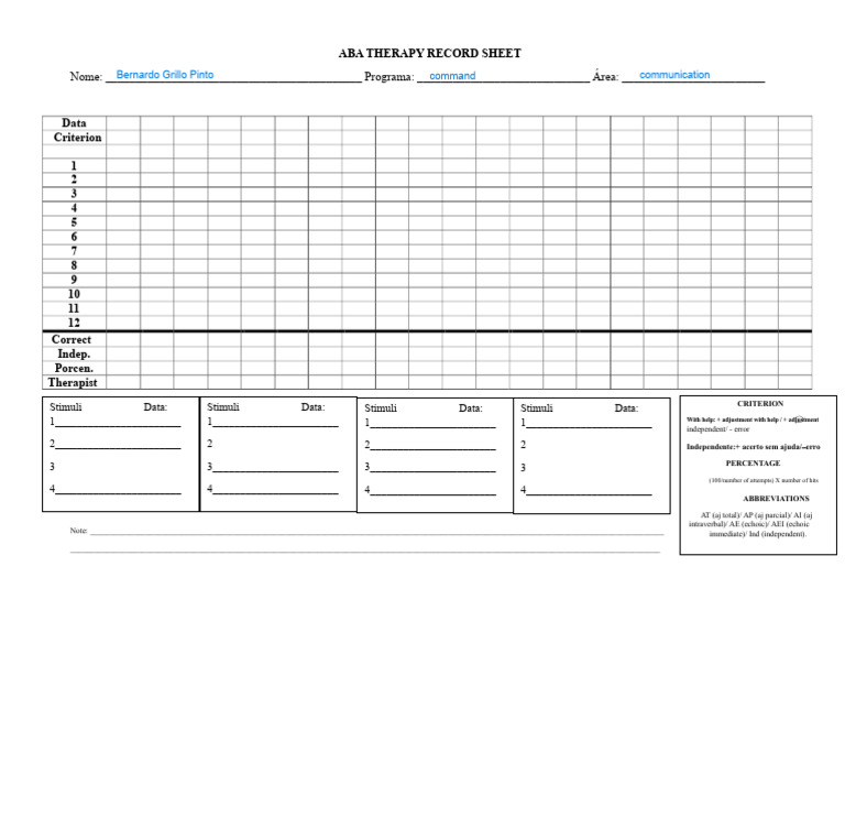 ABA THERAPY RECORD SHEET | PDF