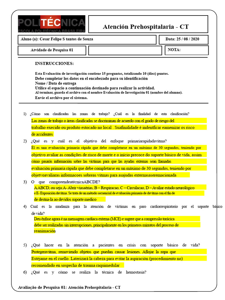 Evaluación de Investigación - APH | PDF | Reanimación cardiopulmonar | Medicina CLINICA