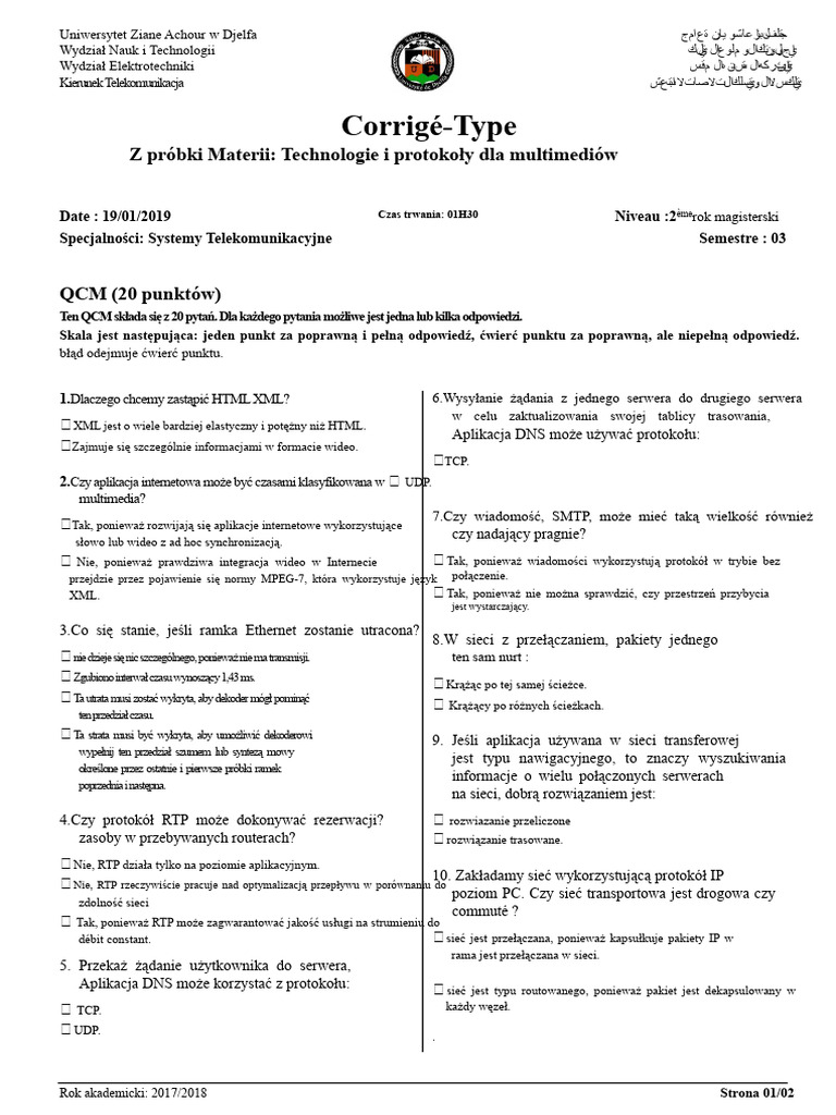 Egzamin Technologia I Protokoły Dla Multimediów ST - 2019 | PDF