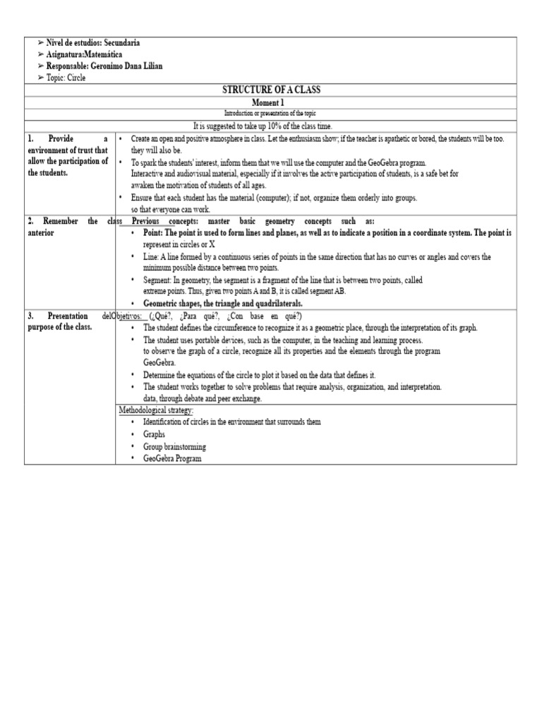Circle Geometry Class Plan | PDF | Circle | Area