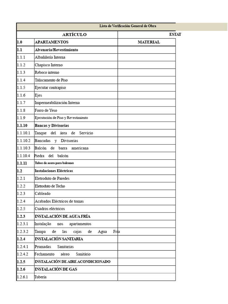 Modelo de Checklist General de Obra | PDF | Materiales de construcción ...