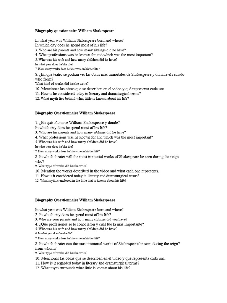 Questionnaire Biography William Shakespeare | PDF