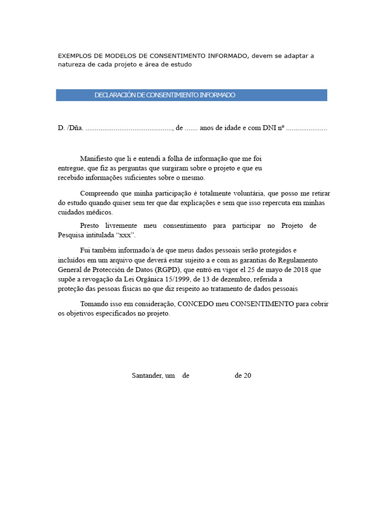 Modelos de Consentimento Informado | PDF | Consentimento Livre e ...
