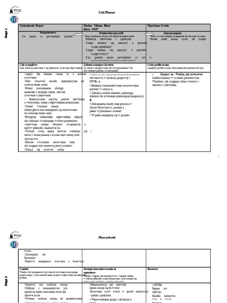 Plan Jednostki MYP4 - Portret | PDF