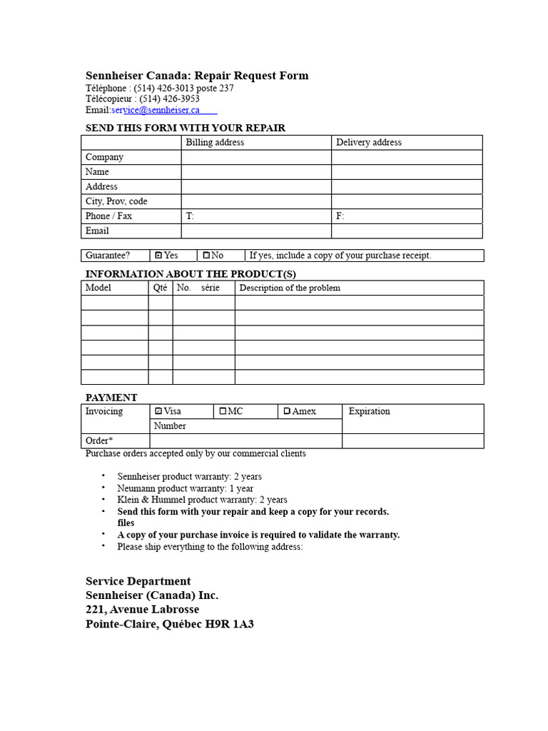 Sennheiser Repair Request Form | PDF