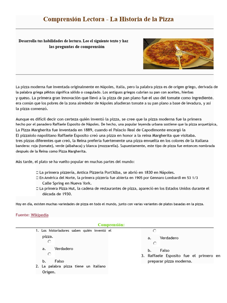 Comprensión de Lectura en Inglés - La Historia de La Pizza | PDF ...