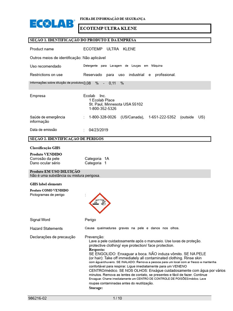 Ficha de Segurança do Ecotemp Ultra Klene | PDF | Toxicidade | Desperdício