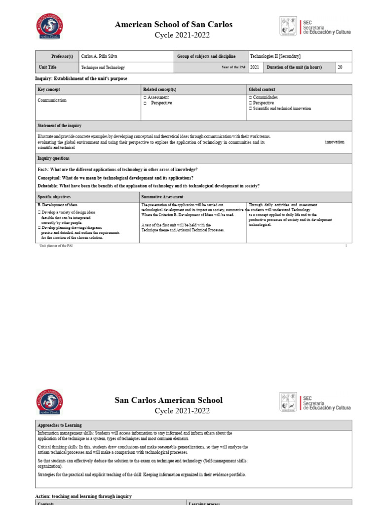 Unit Planner for the PAI [Technology II] | PDF | Educational Assessment ...