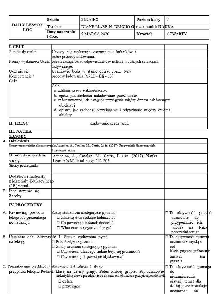 Dzienny Plan Lekcji 4 | PDF