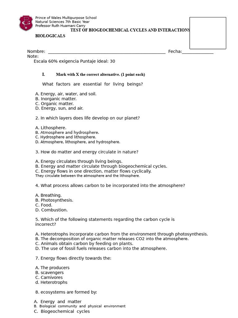 Test Unit Biogeochemical Cycles | PDF | Natural Environment | Systems ...