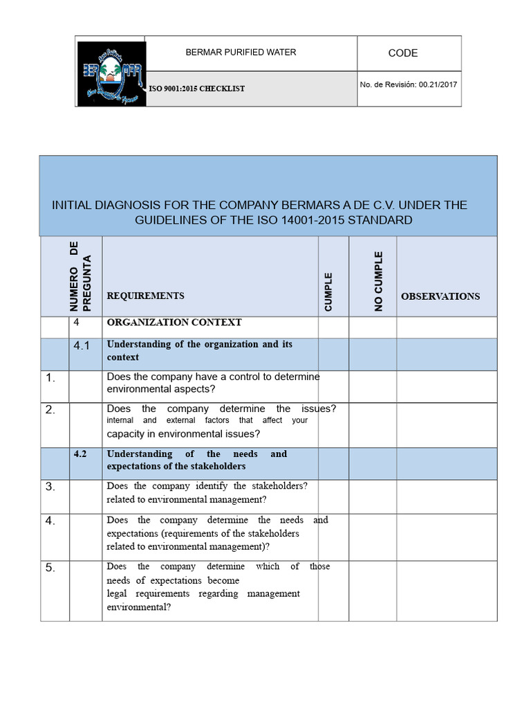Questionnaire of ISO 14001 | PDF | Audit | Internal Audit