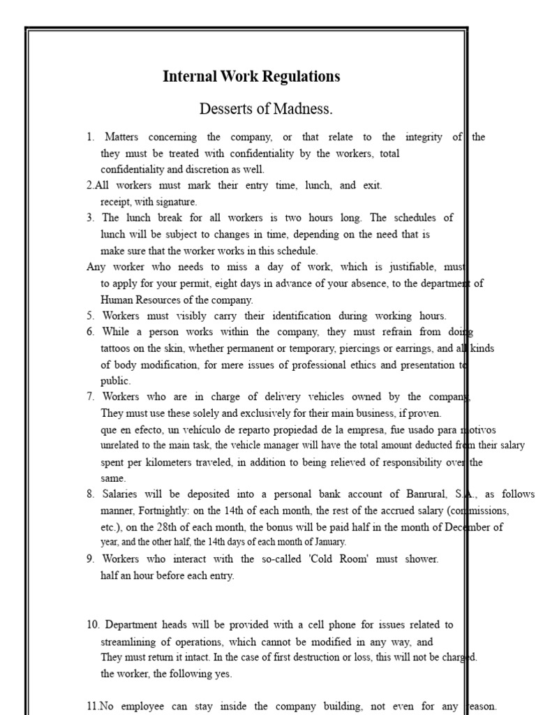 Internal Work Regulations | PDF | Employment | Salary