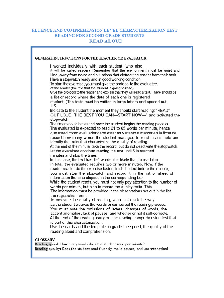 Second Grade Reading Fluency Test Guide | PDF | Reading Comprehension ...