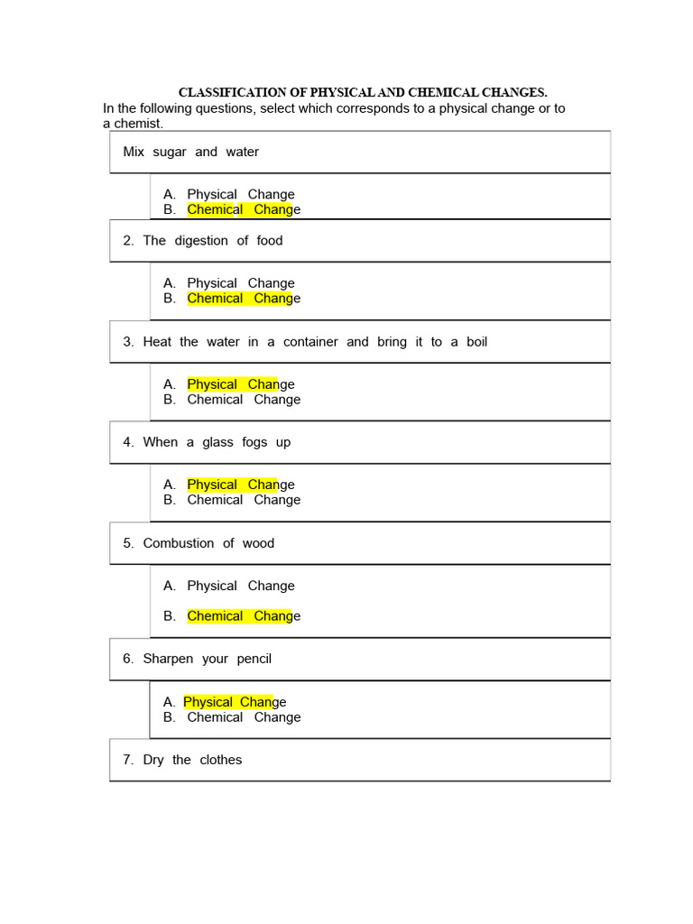 Physical vs. Chemical Changes Quiz | PDF