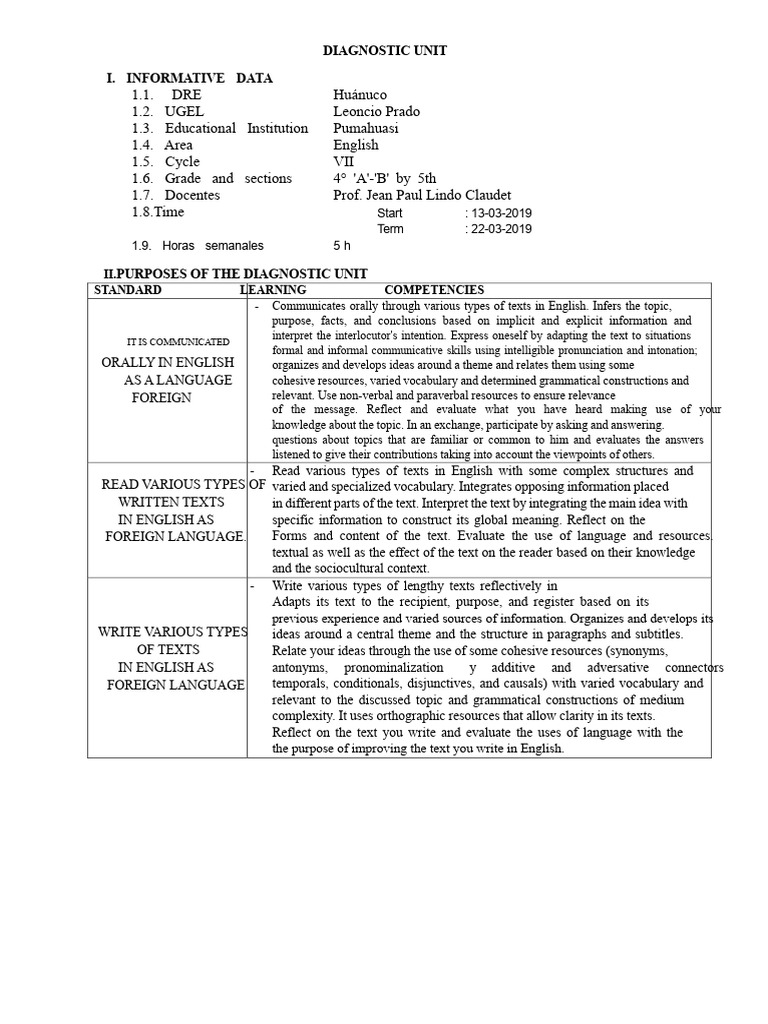 Diagnostic Unit English 4th and 5th | PDF | English Language | Information