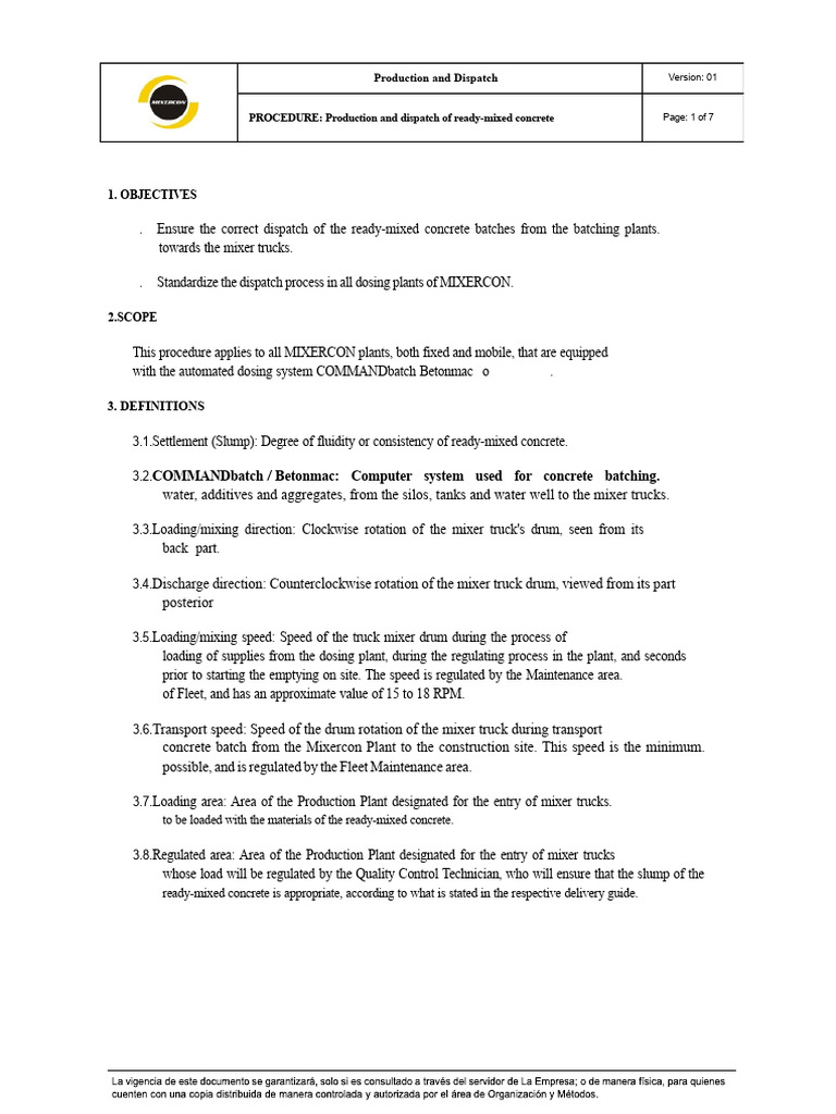 PROCEDURE - Production and Dispatch of Concrete | PDF | Concrete