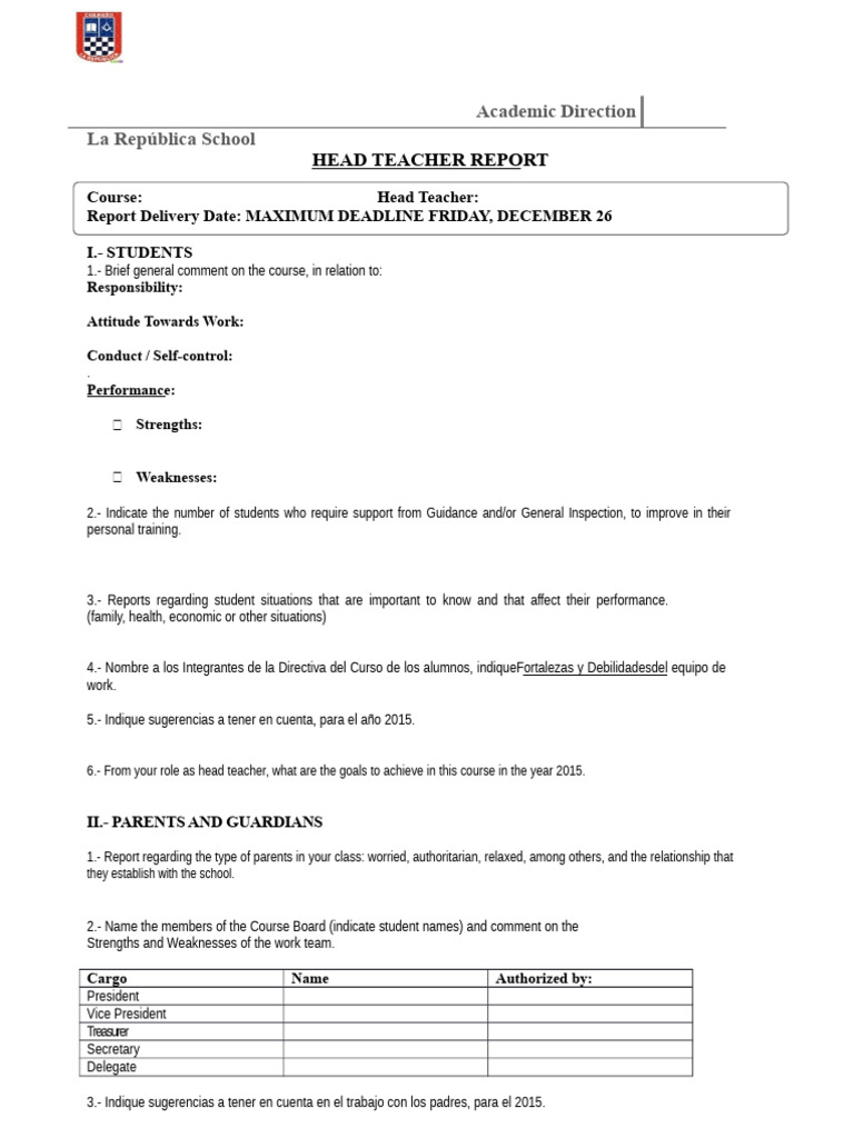 Head Teacher Report Format | PDF