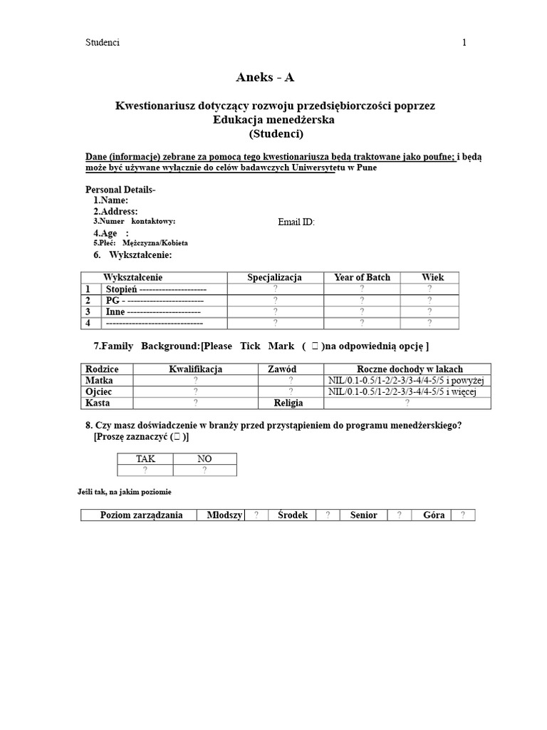 Kwestionariusz | PDF
