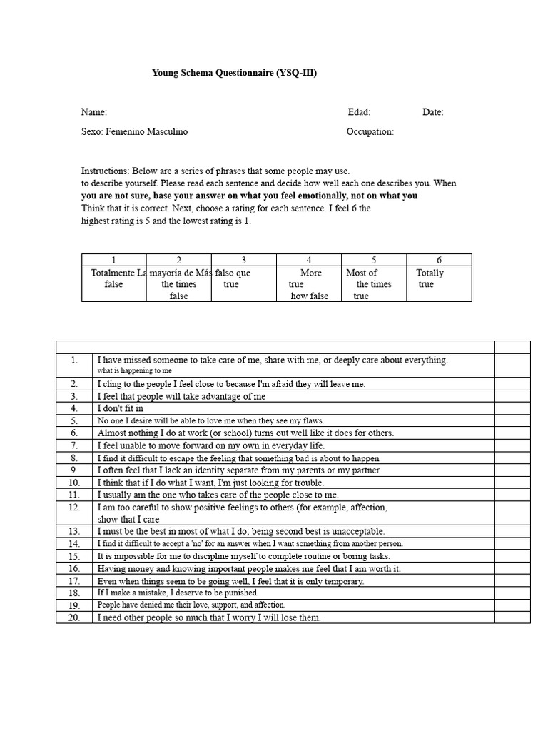 Young Schema Questionnaire (YSQ-III) | PDF | Feeling | Behavioural Sciences