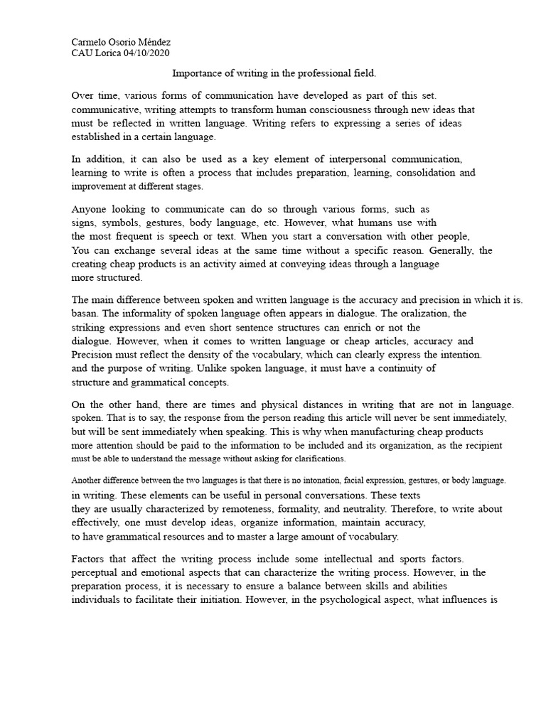Importance of Writing in The Professional Field | PDF | Communication ...