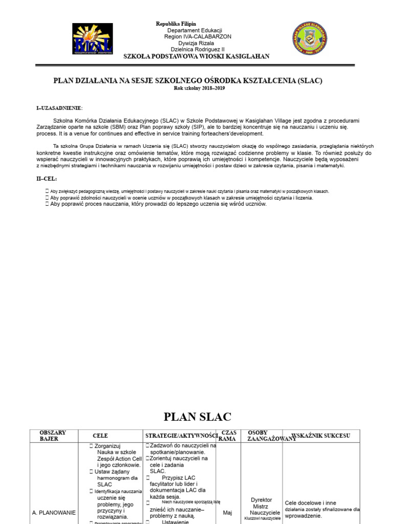 Plan Działań SLAC W Szkole | PDF